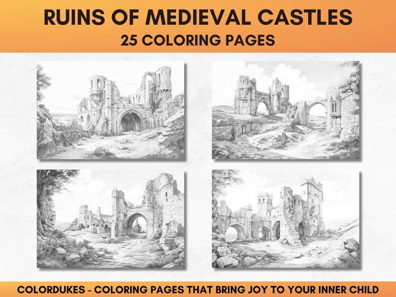 25 Adult Coloring Pages, Medieval Castles Coloring Book in Grayscale ...