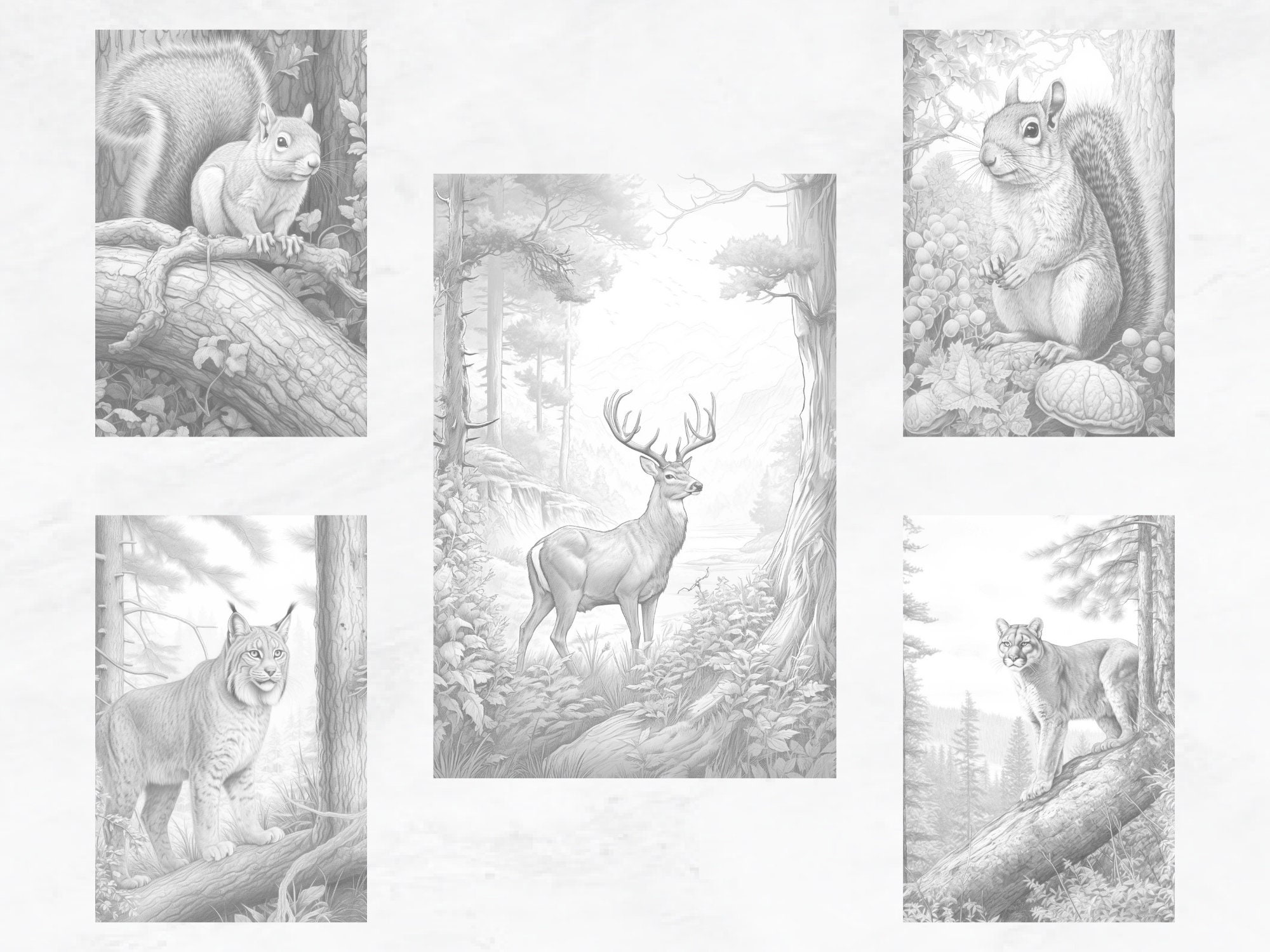 25 Coloring Pages, Woodland Animals Coloring Book, Grayscale Coloring ...