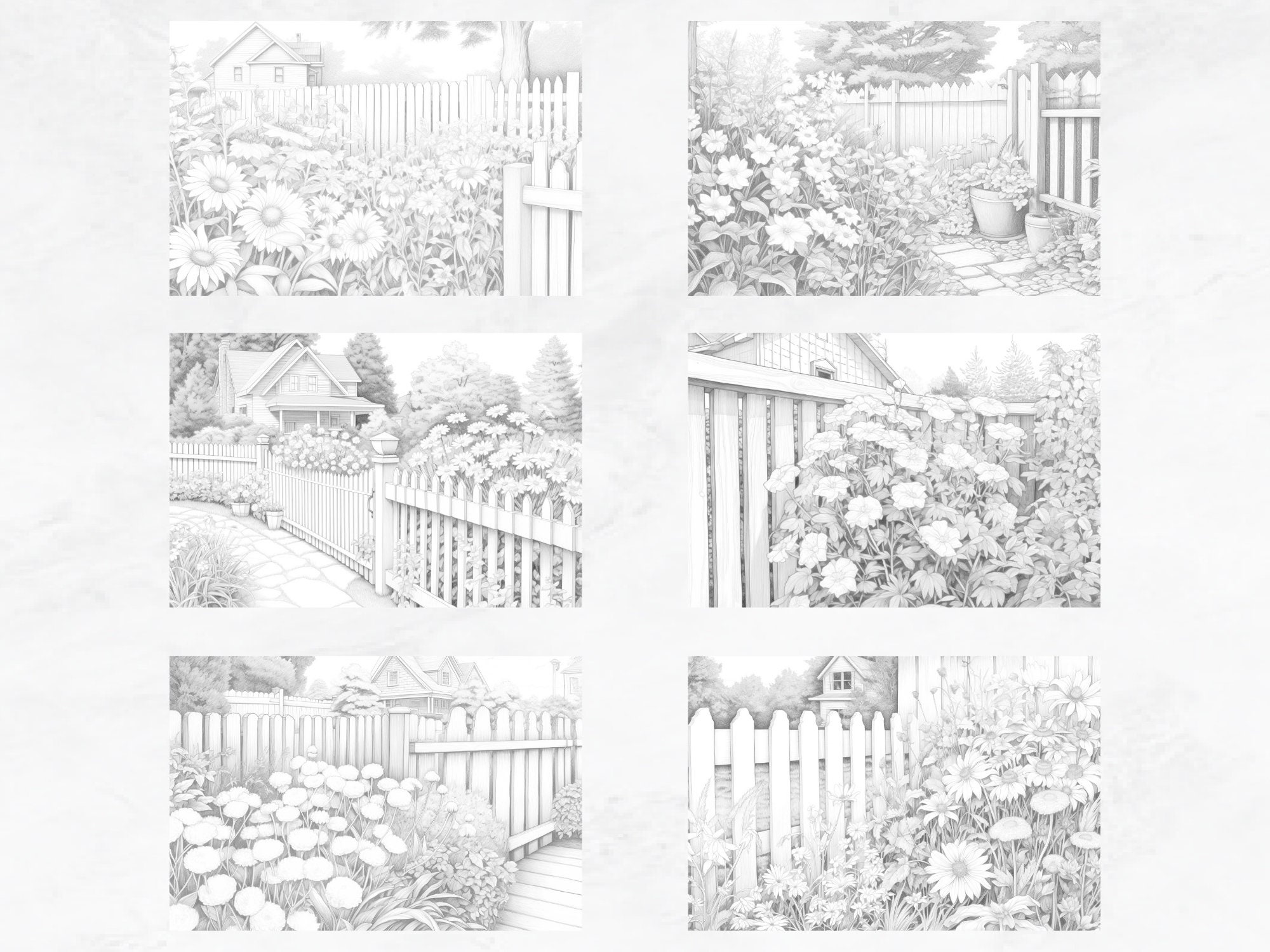 25 Coloring Pages, Country Fences Coloring Book for Adults Grayscale ...