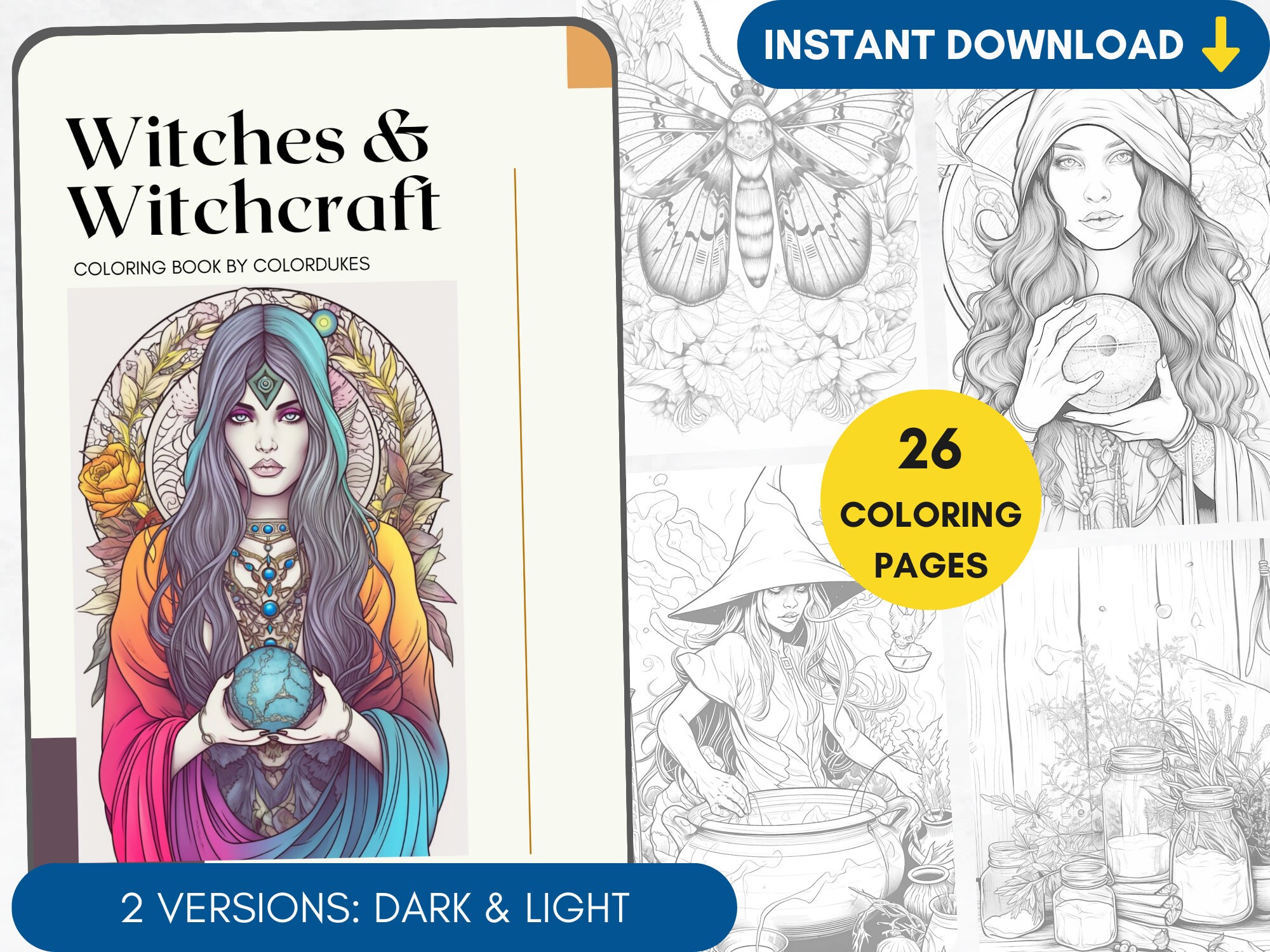 26 Witchy Coloring Pages Witches and Witchcraft, Grayscale Adult ...