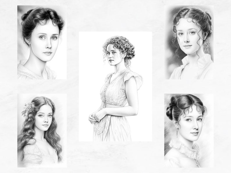 25 Coloring Pages, Females From Jane Austen Books Grayscale Adult ...