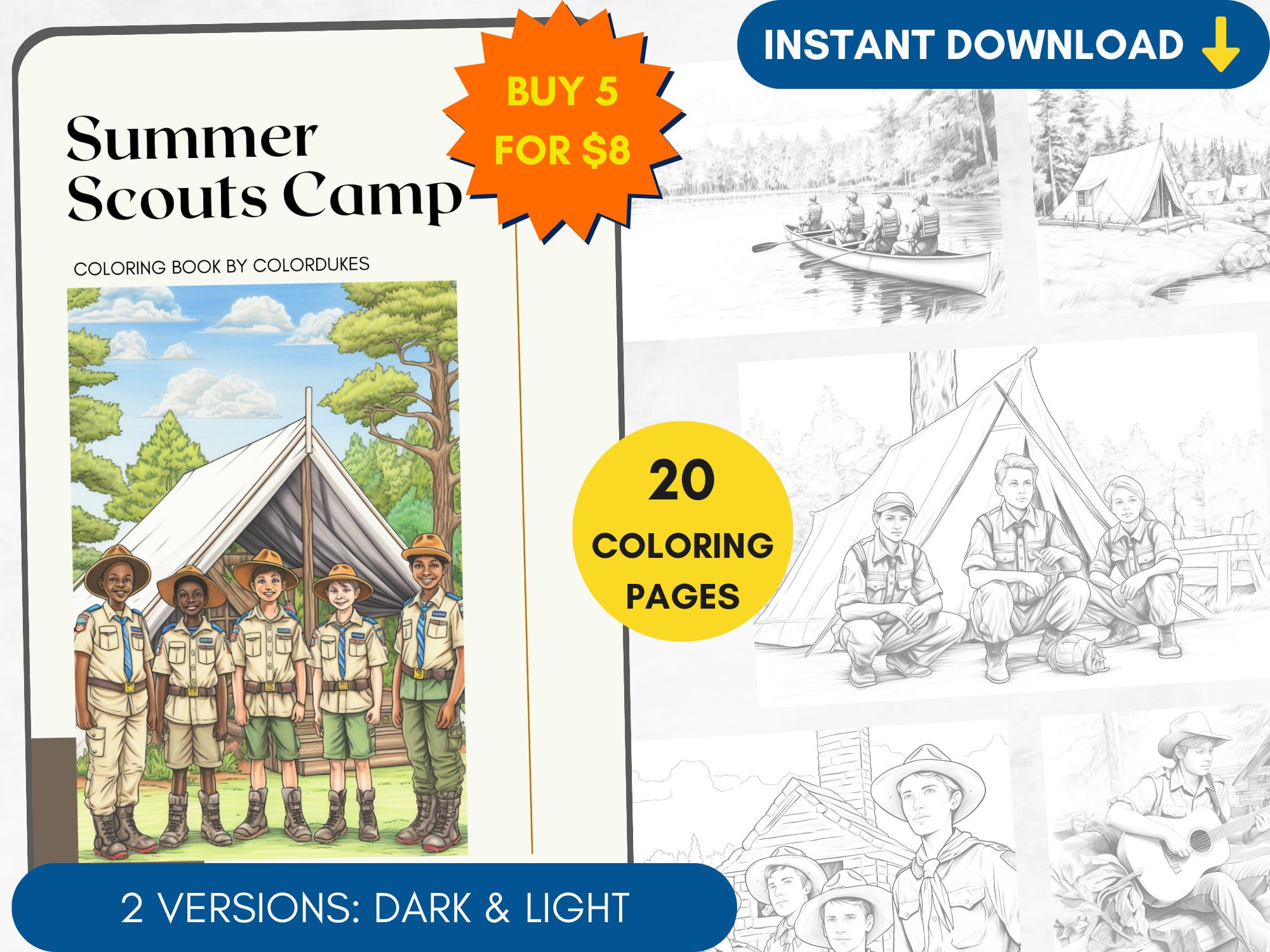 20 Coloring Pages, Scouts Camp Coloring Book Summer Grayscale Coloring ...