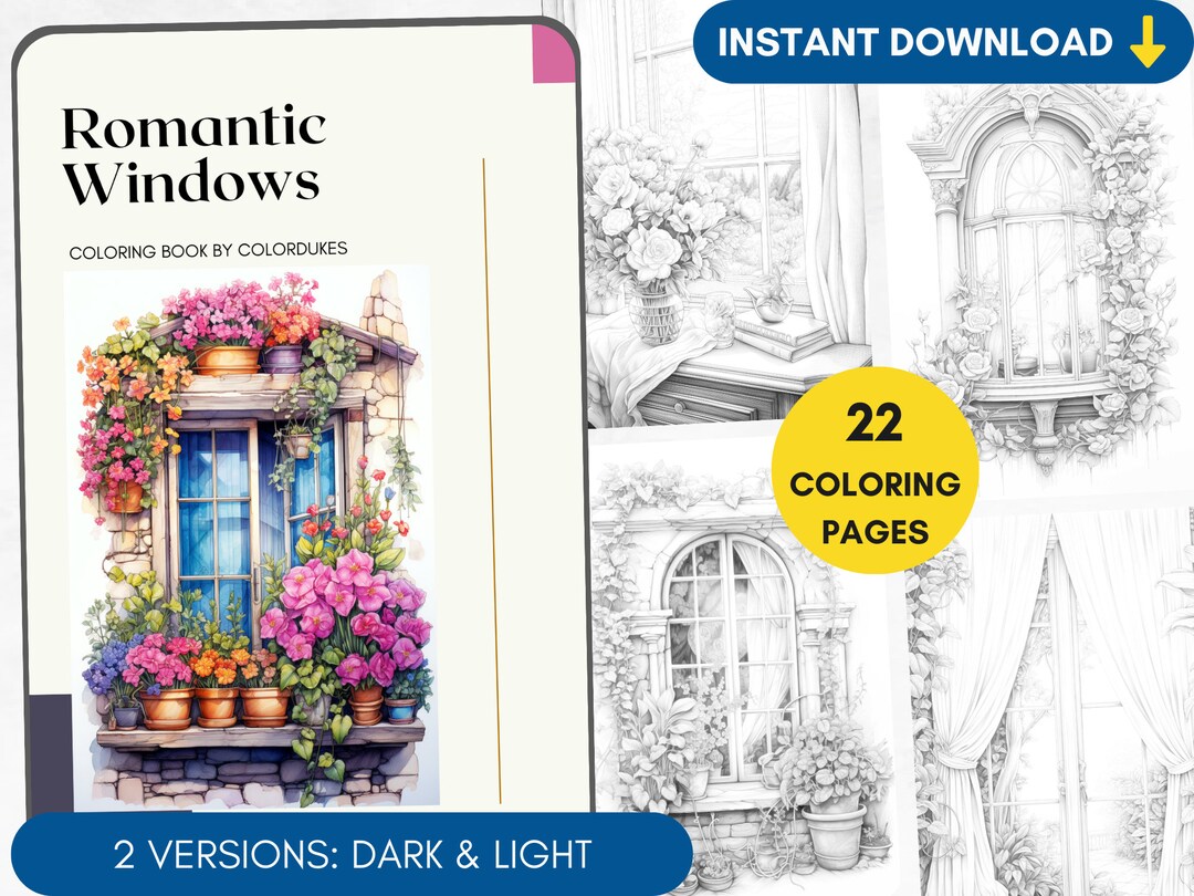 22 Romantic Windows Coloring Pages, Floral Windows Grayscale Adult ...