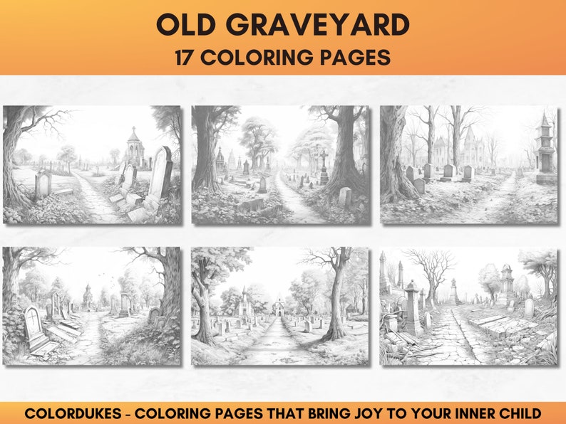 17 Old Graveyard Coloring Pages in Grayscale, Halloween Coloring Book ...