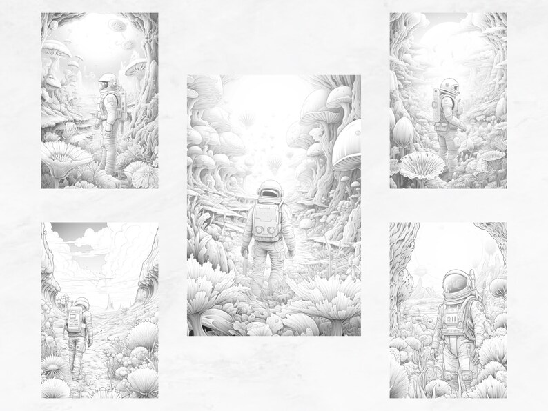21 Coloring Pages Astronaut on Alien Planet Grayscale Coloring Book for ...