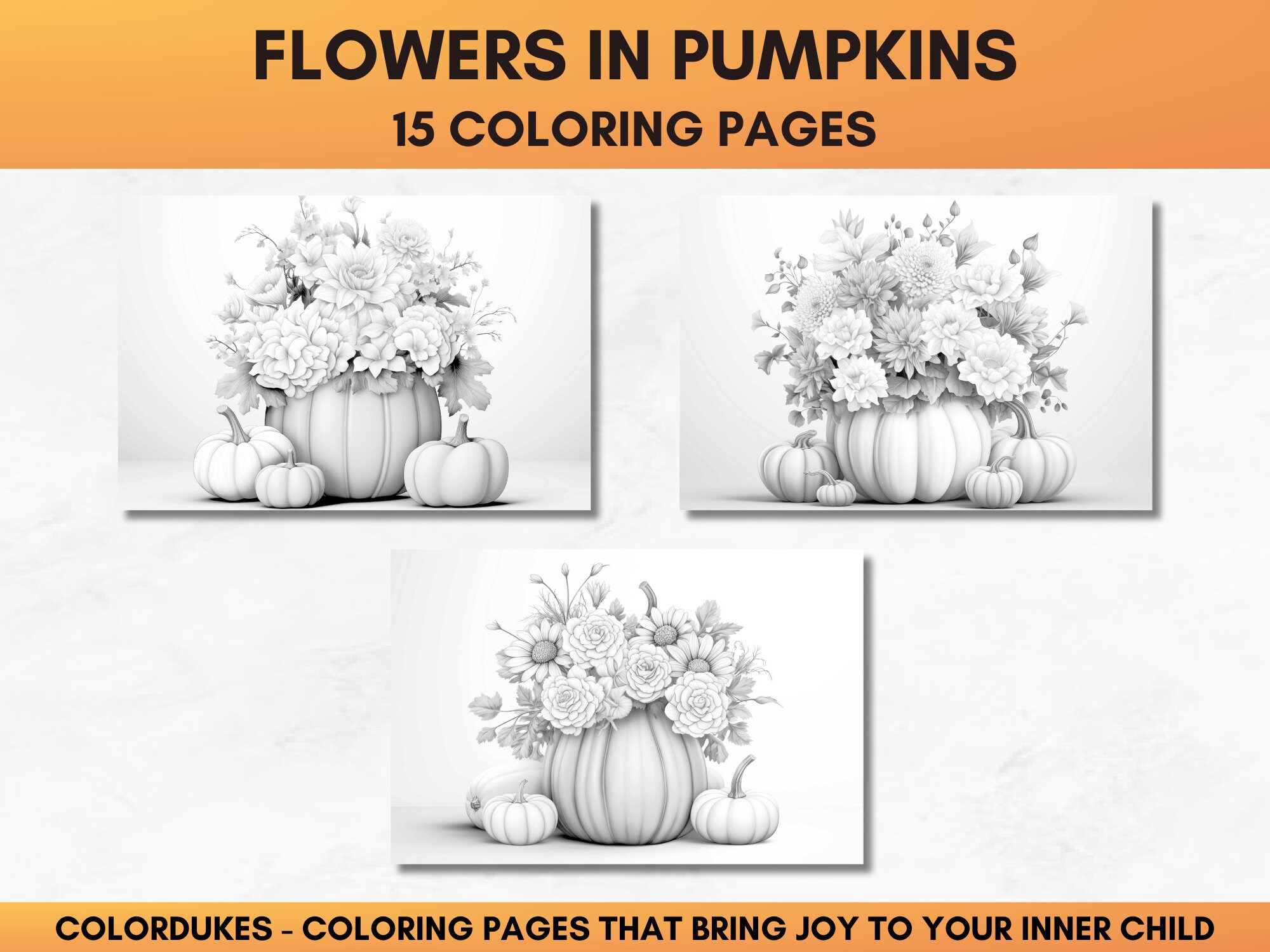 15 Flowers in Pumpkin Coloring Pages, Fall Grayscale Coloring for ...