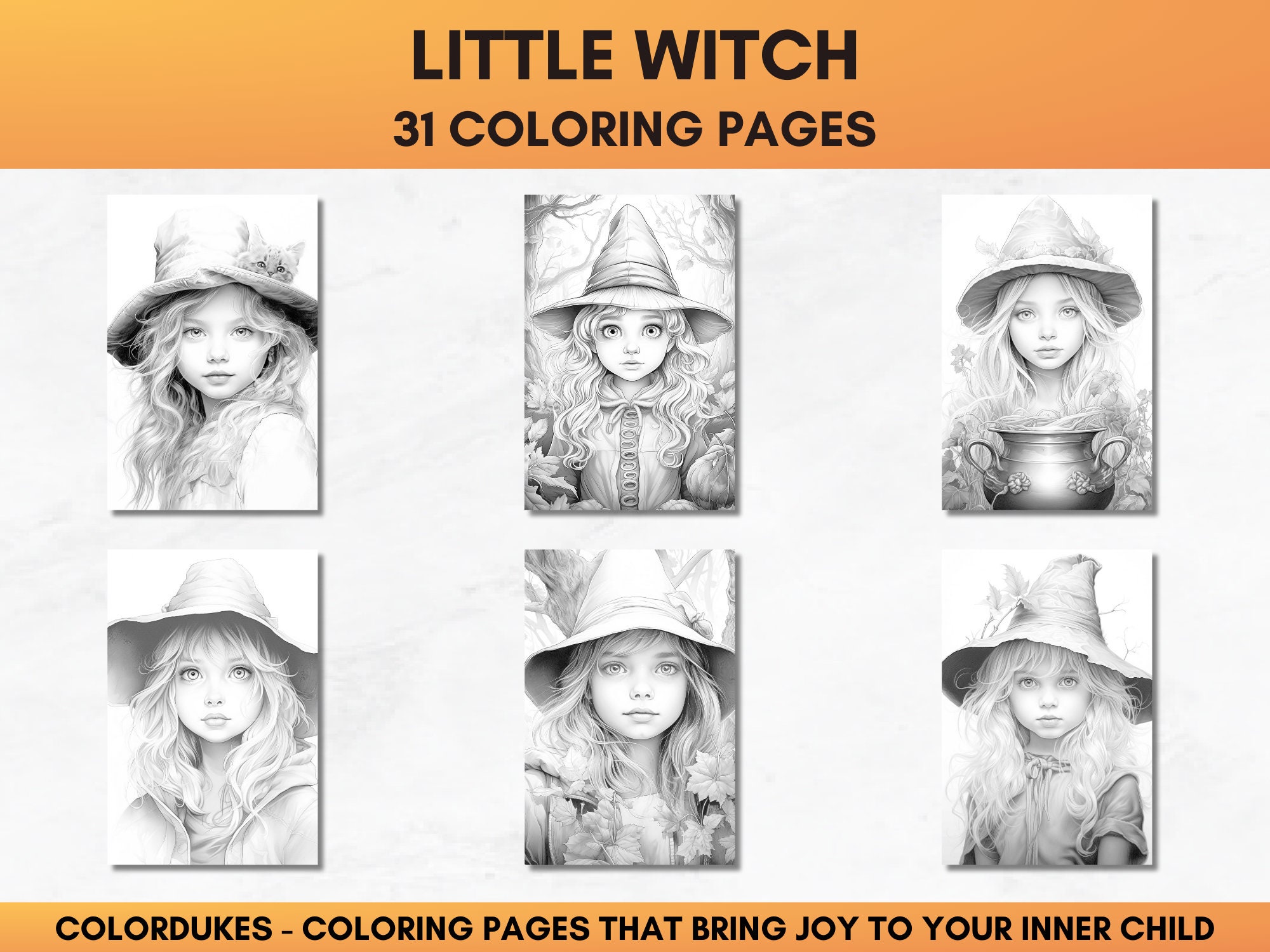 31 Little Witch Coloring Pages in Grayscale, Realistic Coloring Book ...
