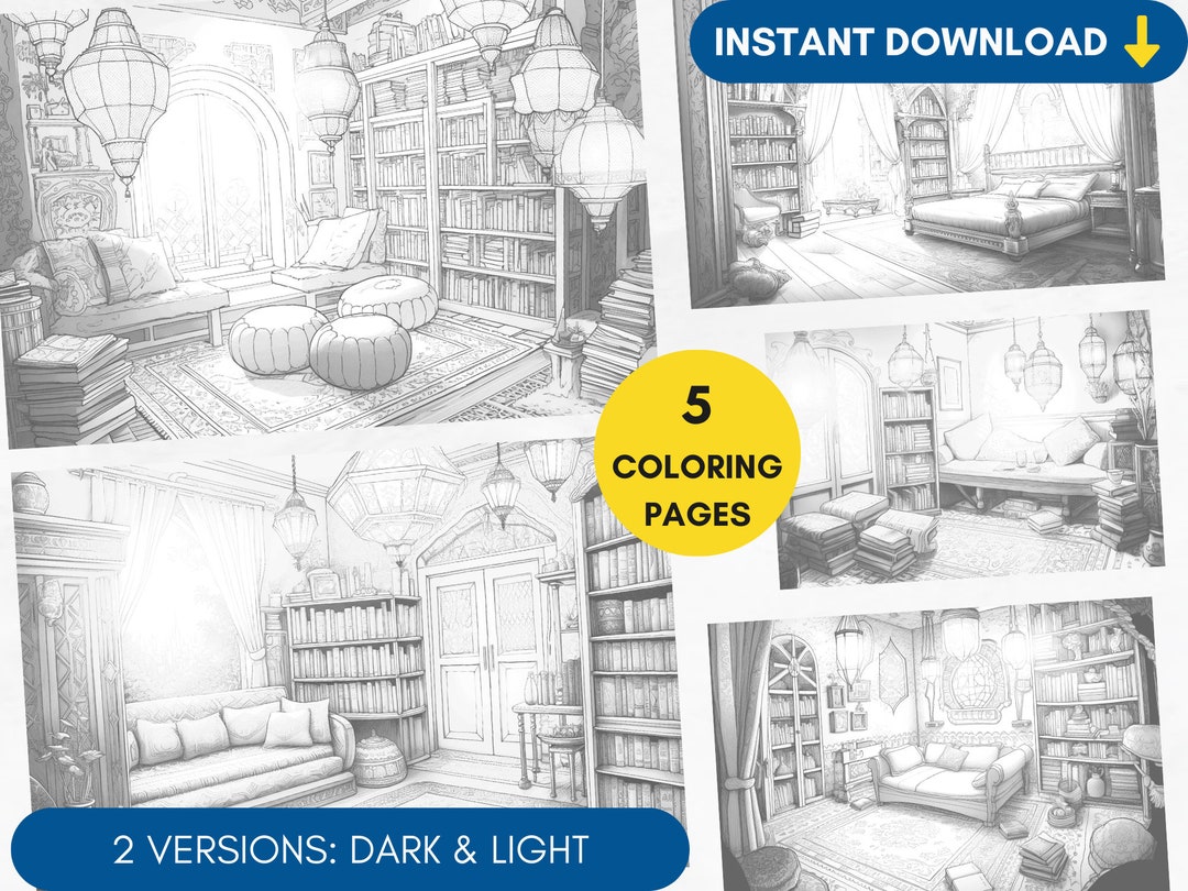 5 Coloring Pages, Arabic Reading Nook Coloring Book, Grayscale Coloring ...