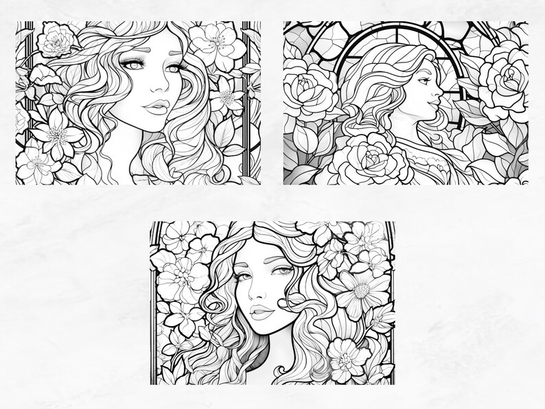 7 Coloring Pages Girls Stained Glass Grayscale Adult Coloring - Etsy