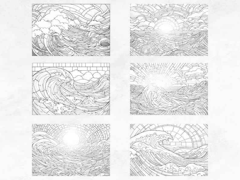 26 Stained Glass Coloring Pages Mosaic Sea Waves Grayscale Adult ...
