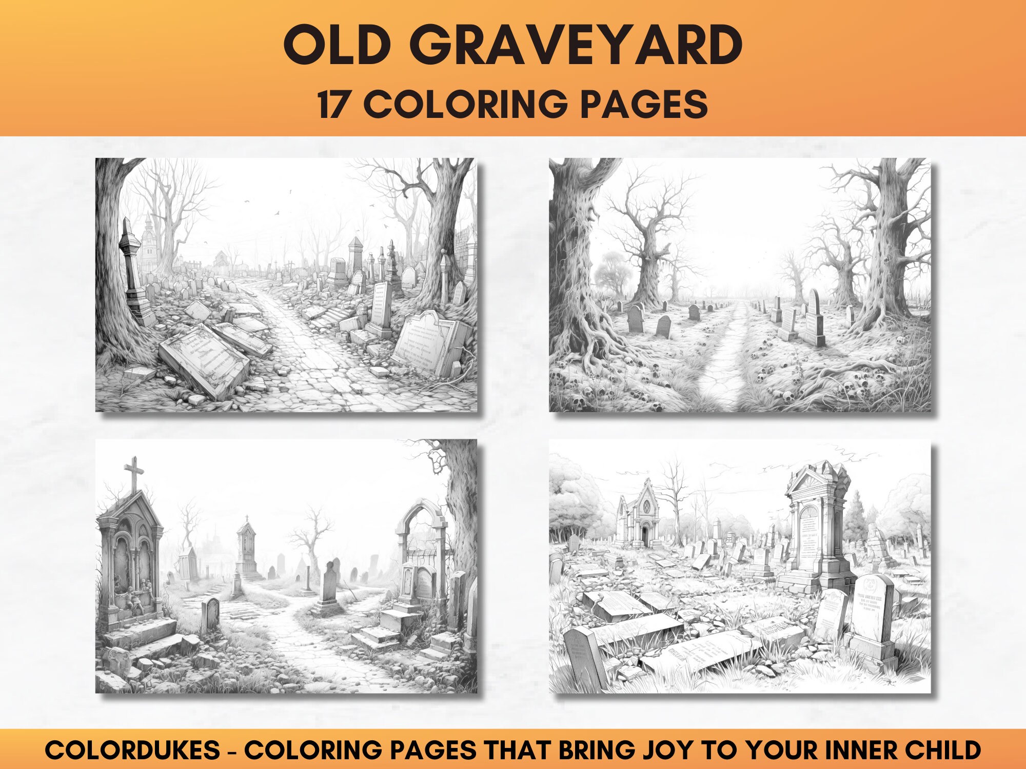 17 Old Graveyard Coloring Pages in Grayscale, Halloween Coloring Book ...