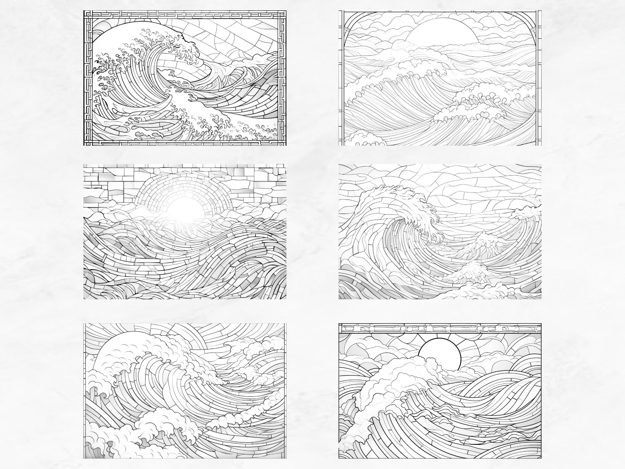 26 Stained Glass Coloring Pages Mosaic Sea Waves Grayscale Adult ...