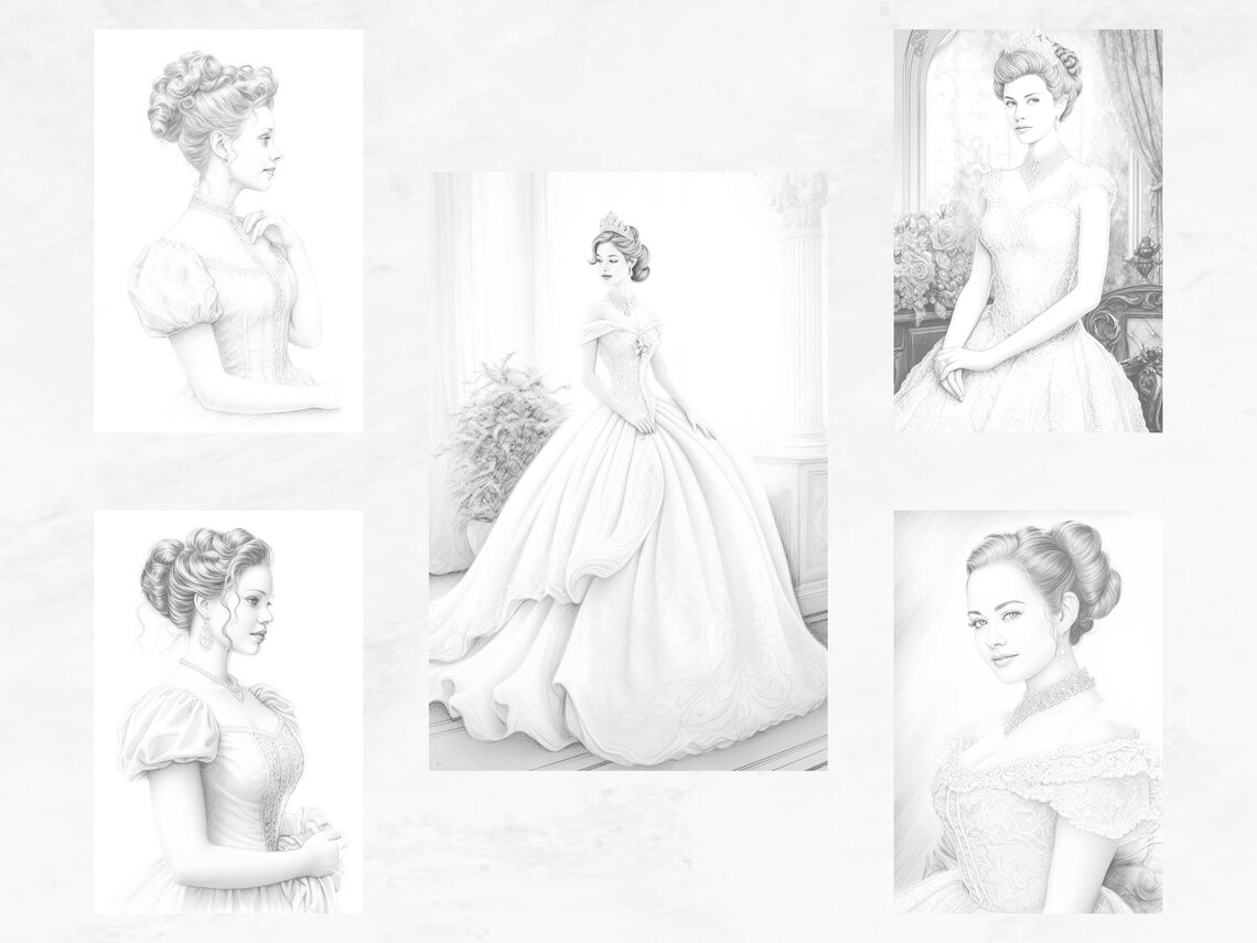 23 Southern Belle Coloring Pages, Princess Dresses Grayscale Adult ...