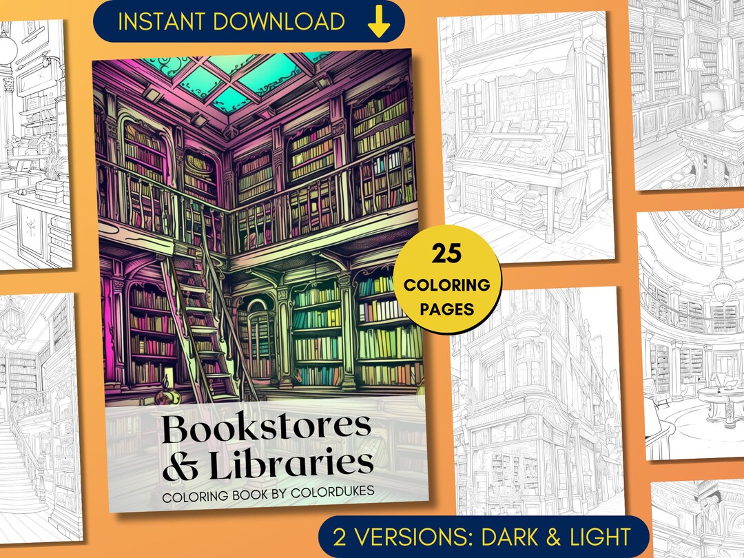 25 Bookstore Coloring Pages Library Grayscale Adult Coloring Book, Gift ...