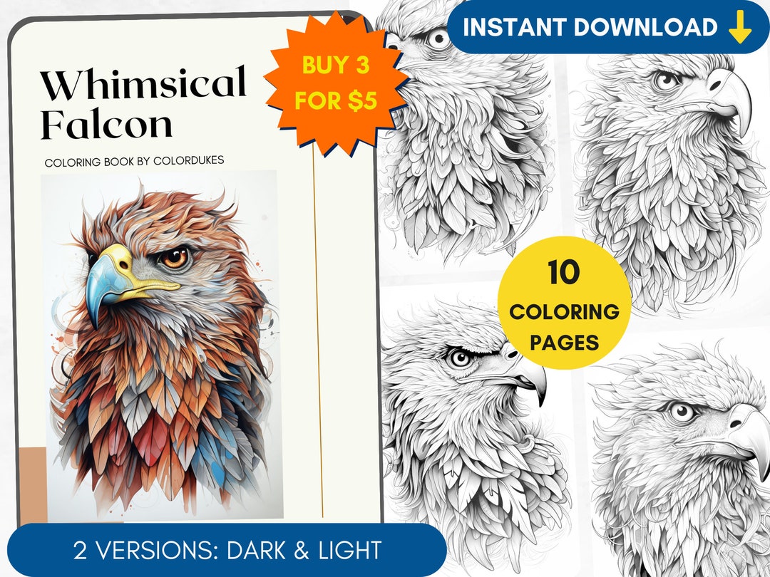 10 Coloring Pages Falcon Coloring Book for Adults, Whimsical Eagle ...