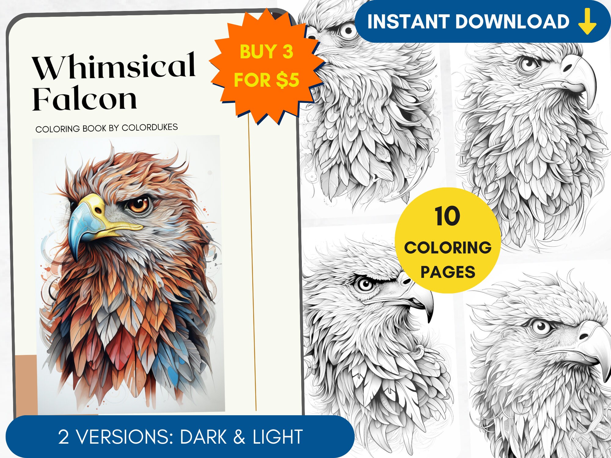 10 Coloring Pages Falcon Coloring Book for Adults, Whimsical Eagle ...
