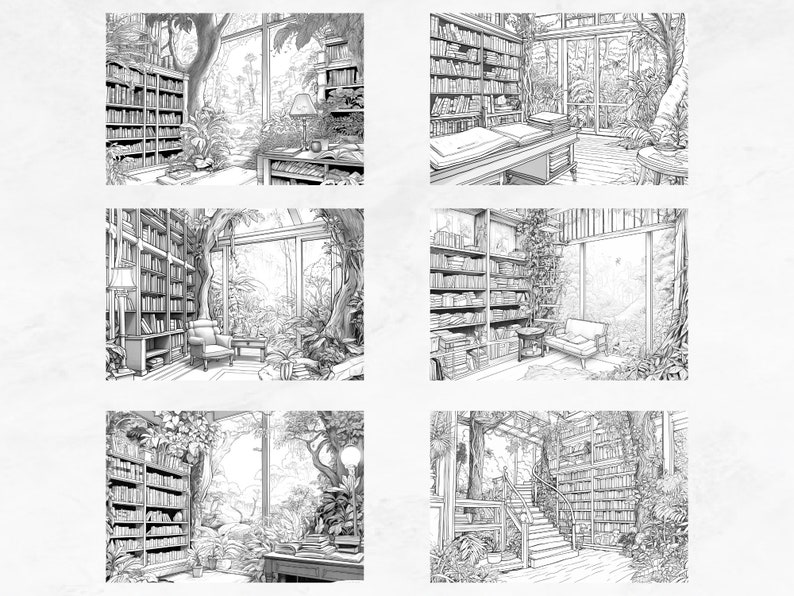 25 Coloring Pages Jungle Libraries Grayscale Adult Coloring - Etsy