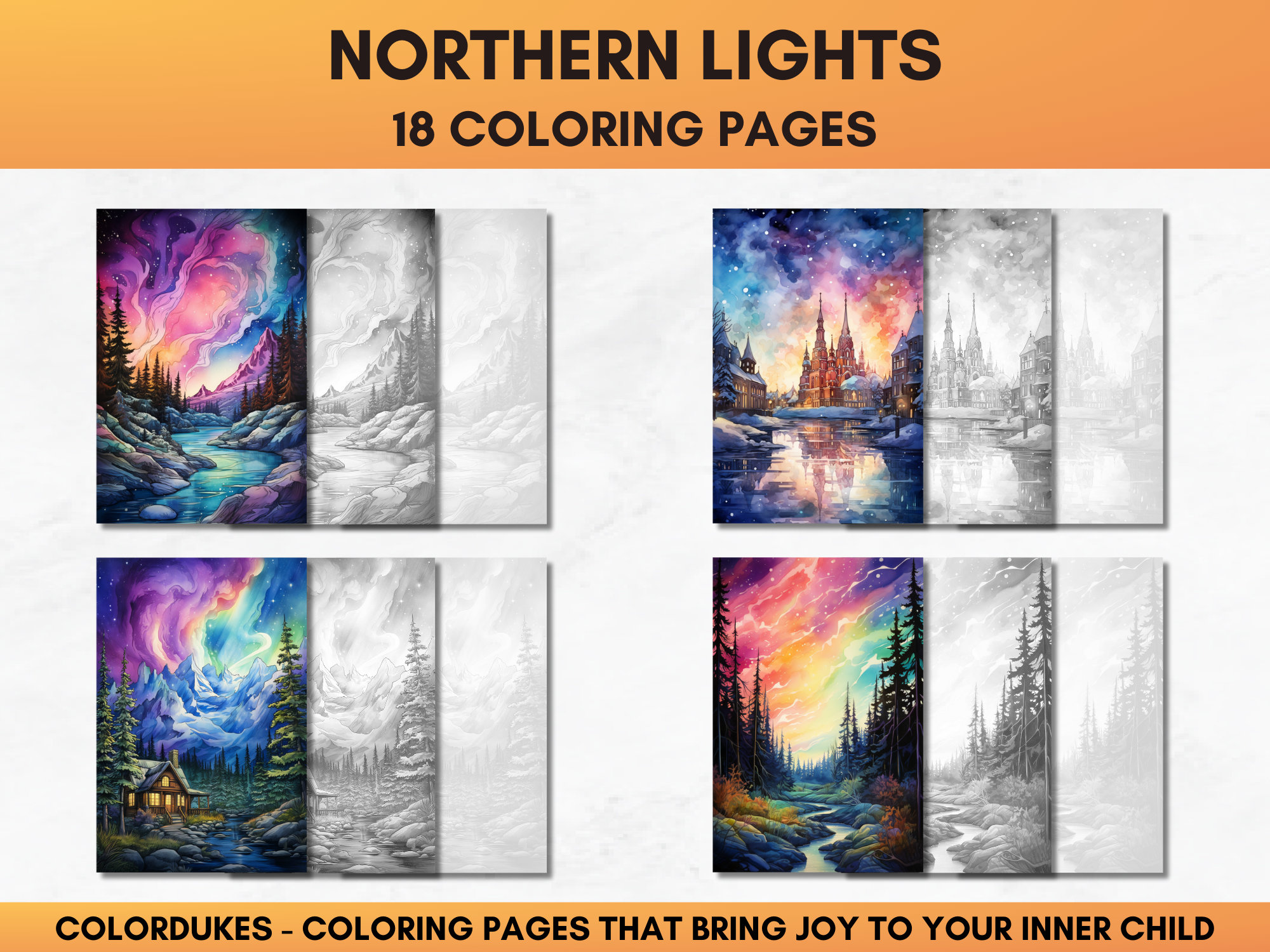 Northern Lights Coloring Pages, Aurora Borealis Grayscale Coloring Book ...