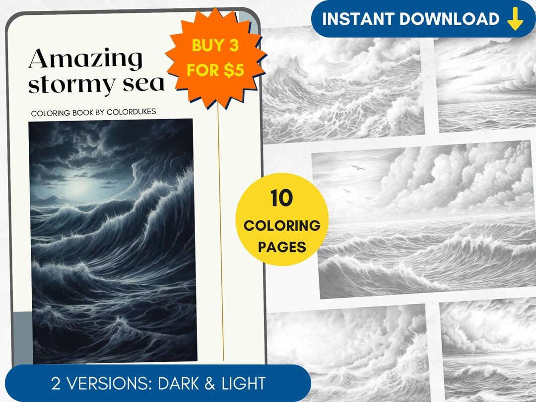 10 Coloring Pages, Storm at Sea Grayscale Adult Coloring Book Ocean ...