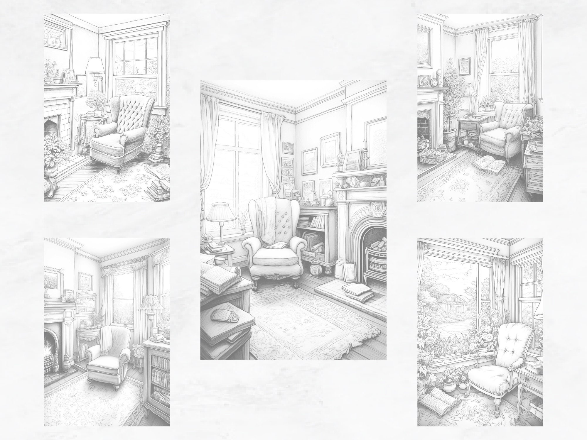 27 Coloring Pages, Cozy Reading Nooks Grayscale Adult Coloring Book ...