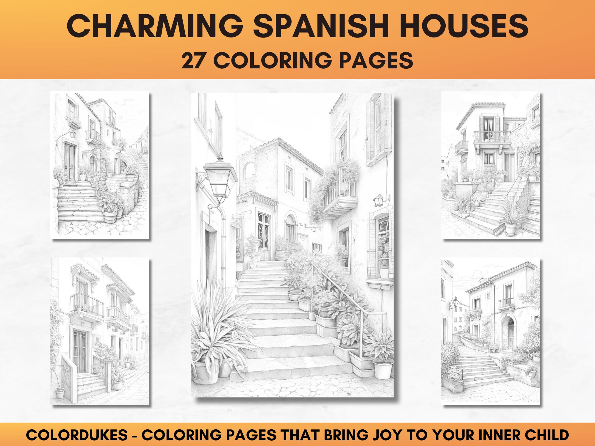 27 Spanish Houses Coloring Pages, Italian Village Grayscale Adult ...