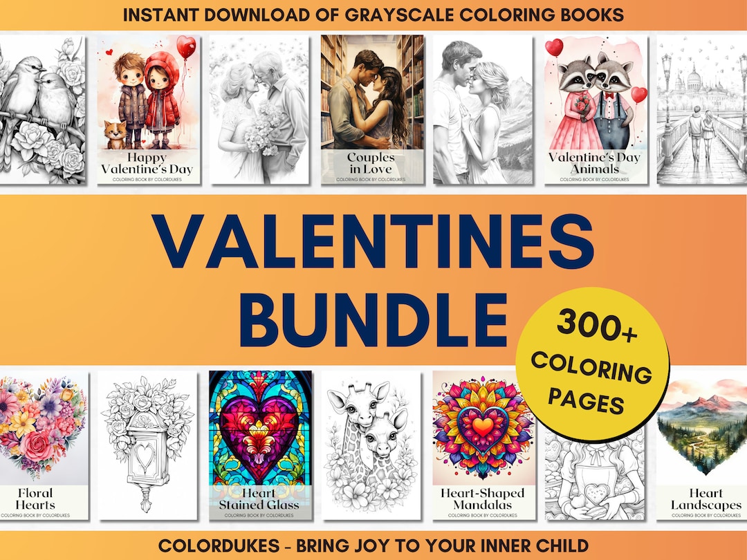 Valentines Coloring Pages in Grayscale, Love Coloring Bundle, Adult ...