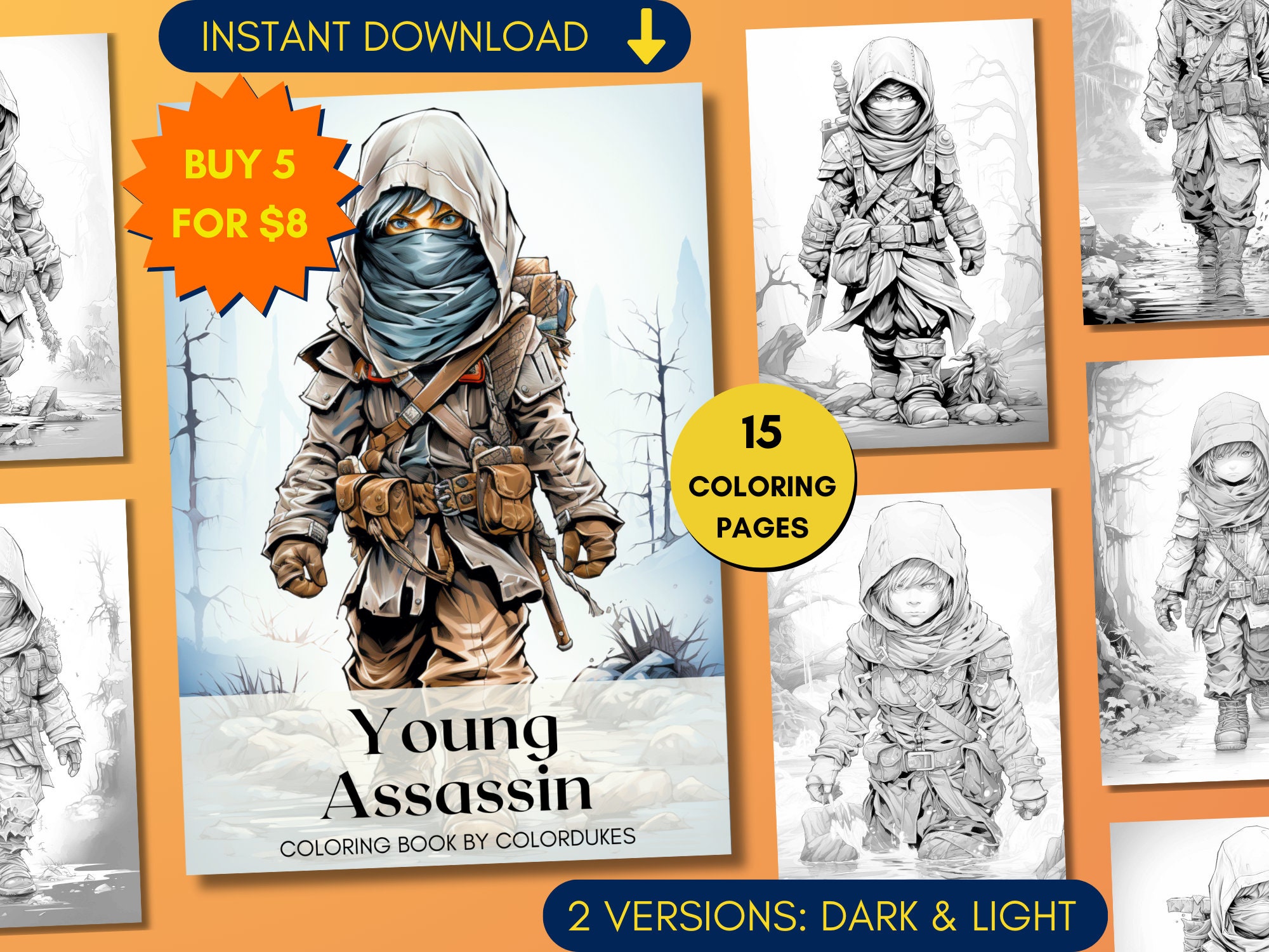 15 Assassin Coloring Pages in Grayscale, Ninja Coloring Book for Adults ...
