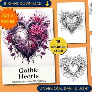 Gothic Hearts Coloring Pages, Valentines Day Adult Coloring Book, Love ...