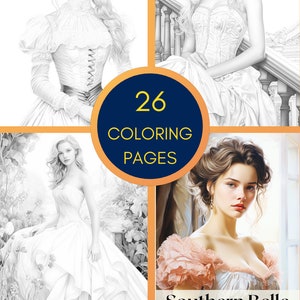 26 Southern Belle Coloring Pages, Wedding Dress Coloring Book for Adult ...