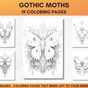 19 Gothic Moths Coloring Pages Grayscale, Halloween Coloring Book for ...