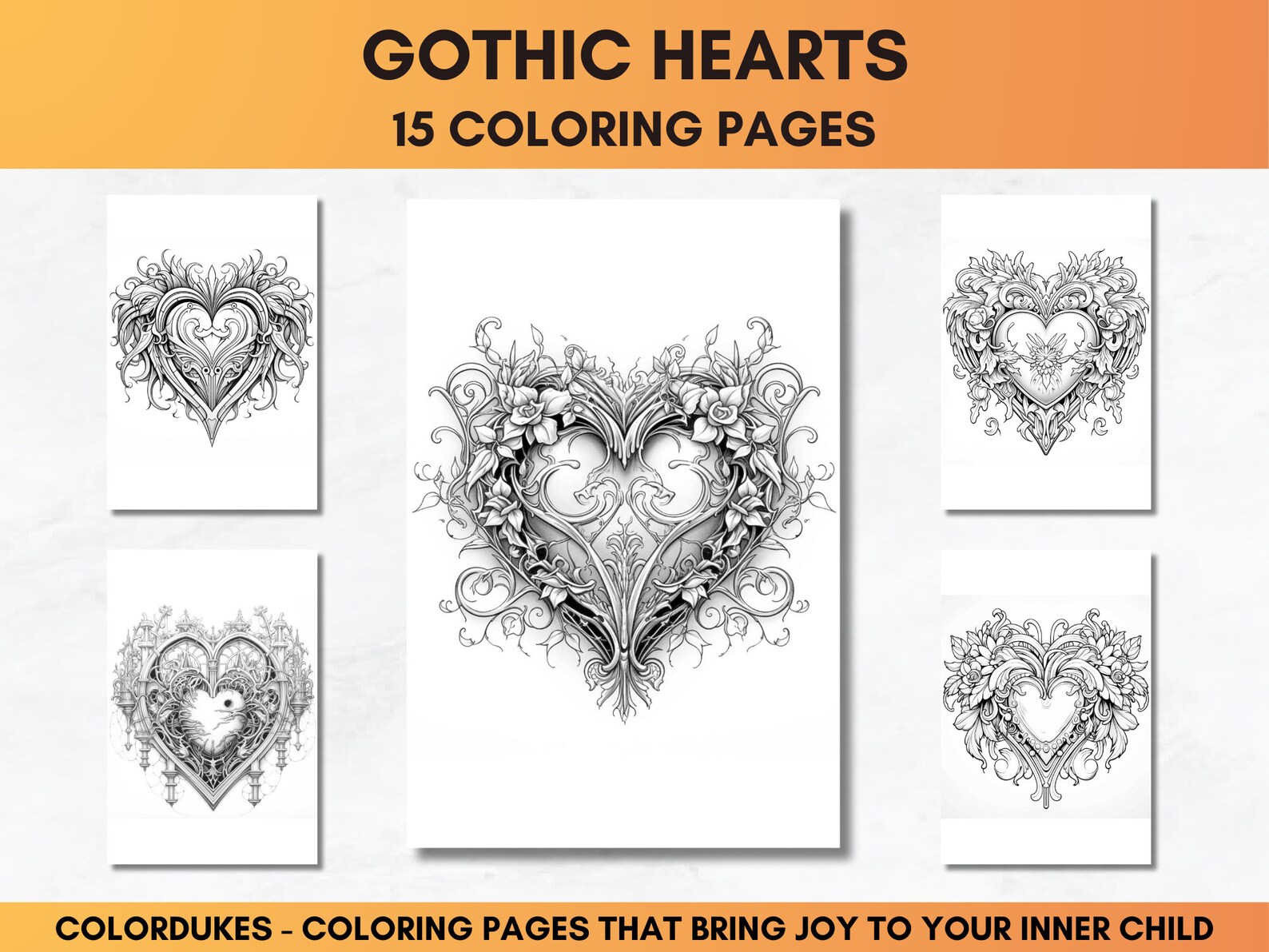 Gothic Hearts Coloring Pages, Valentines Day Adult Coloring Book, Love ...