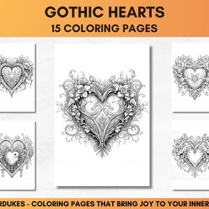 Gothic Hearts Coloring Pages, Valentines Day Adult Coloring Book, Love ...