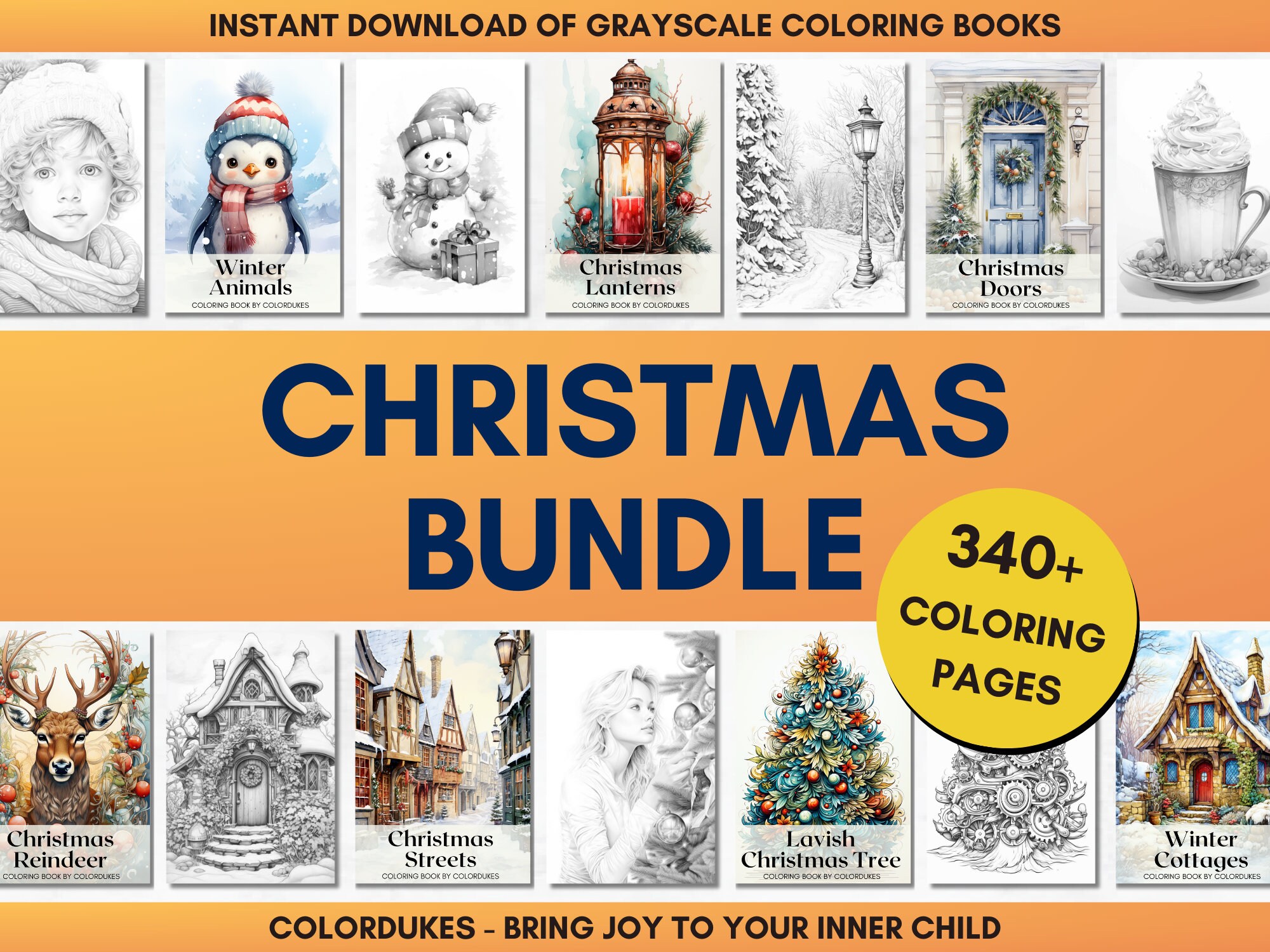 Christmas Coloring Pages in Grayscale, Winter Coloring Bundle, Adult ...