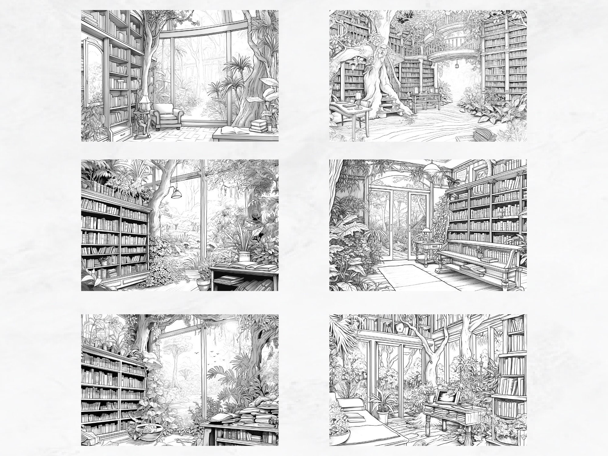 25 Coloring Pages Jungle Libraries Grayscale Adult Coloring - Etsy ...