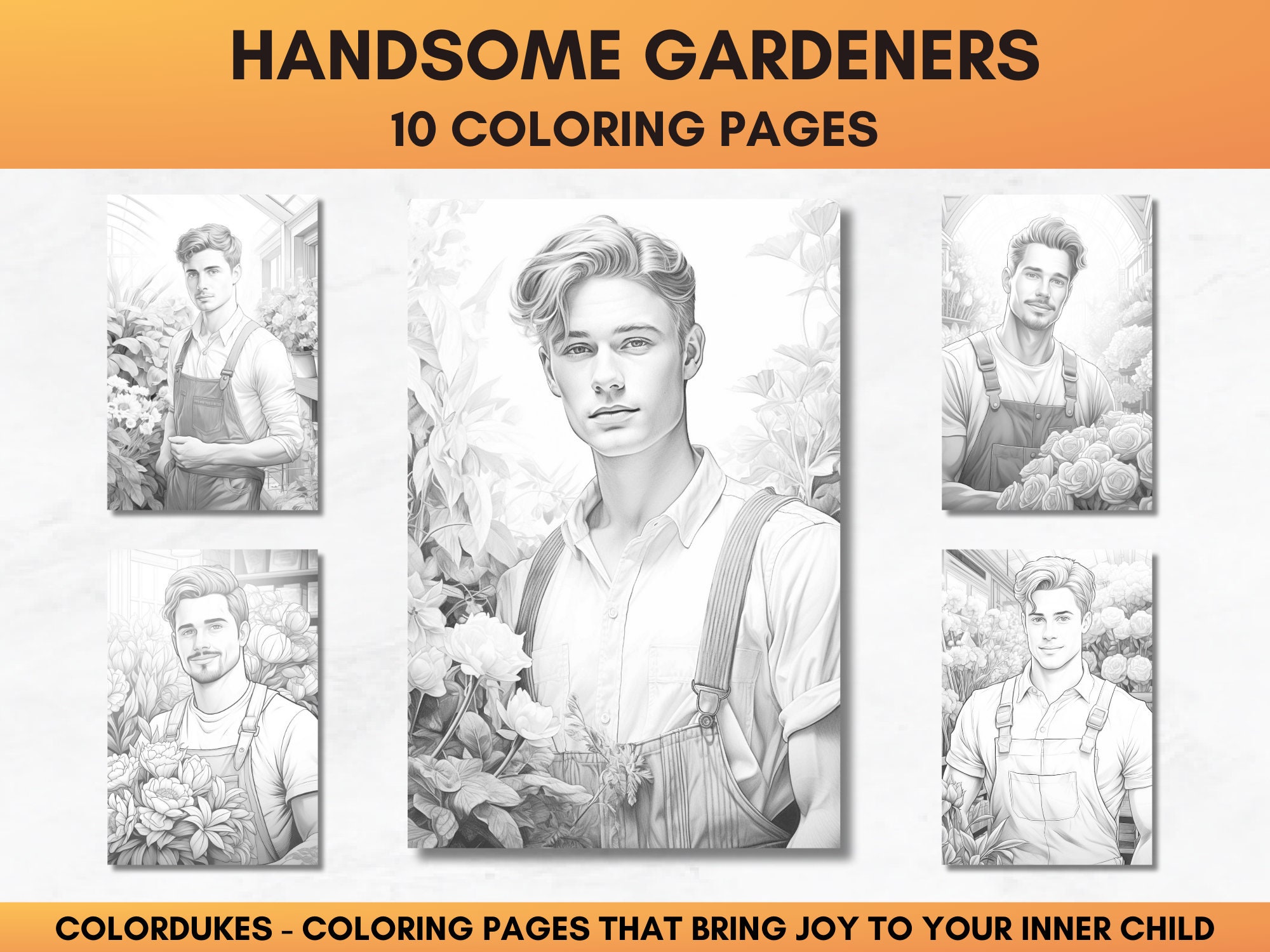 Man Portraits Coloring Pages for Adults Handsome Gardeners - Etsy