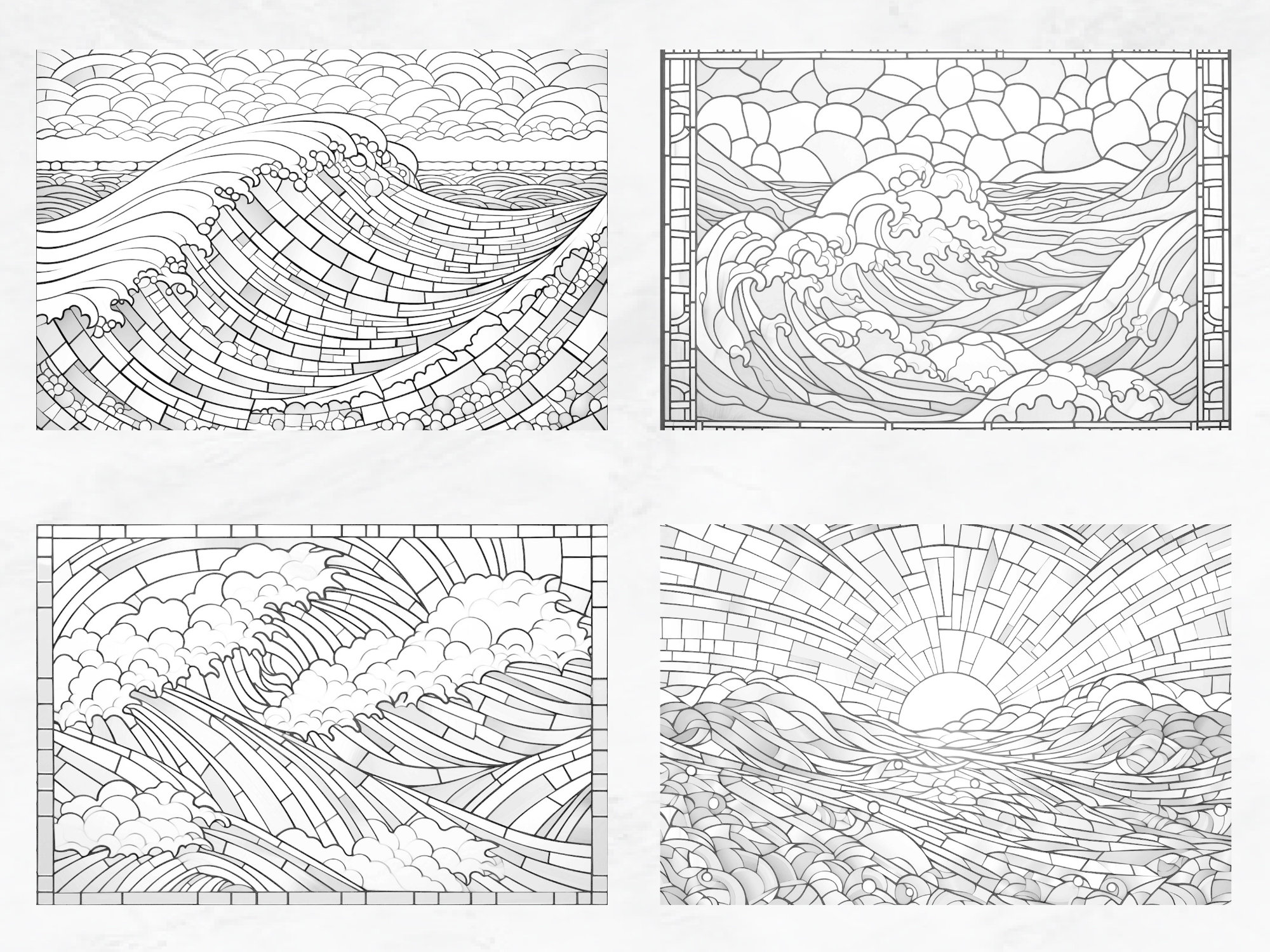 26 Stained Glass Coloring Pages Mosaic Sea Waves Grayscale Adult ...