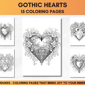 Gothic Hearts Coloring Pages, Valentines Day Adult Coloring Book, Love ...