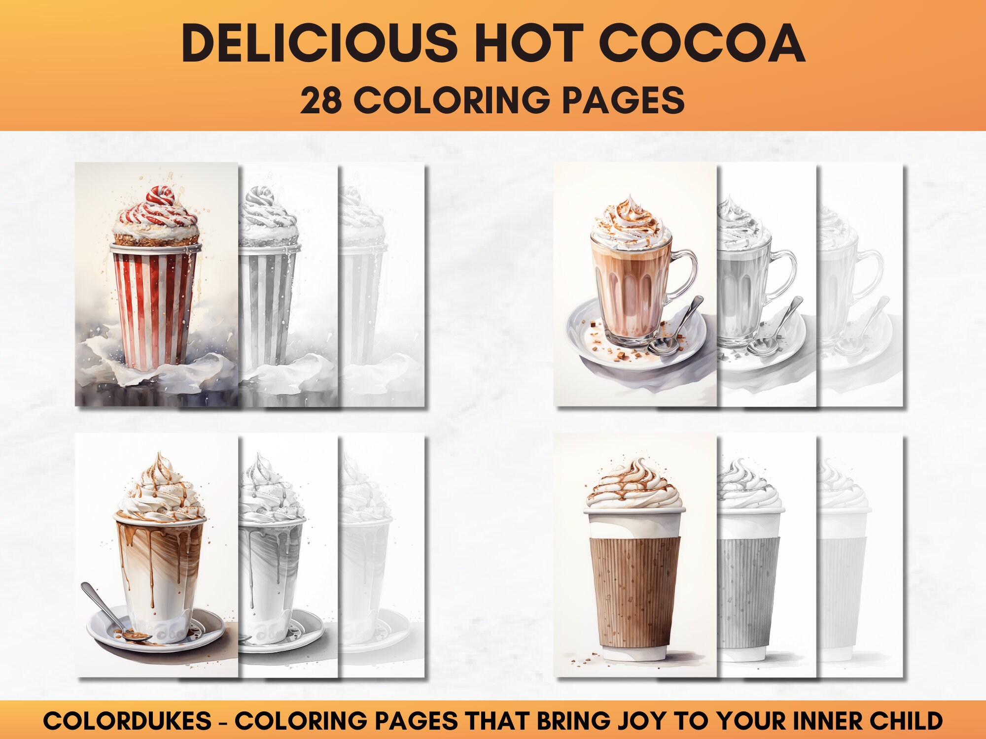 Hot Cocoa Coloring Pages, Watercolor Coloring Book in Grayscale, Winter ...