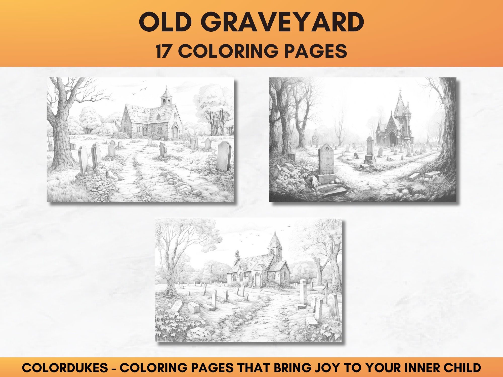 17 Old Graveyard Coloring Pages in Grayscale, Halloween Coloring Book ...