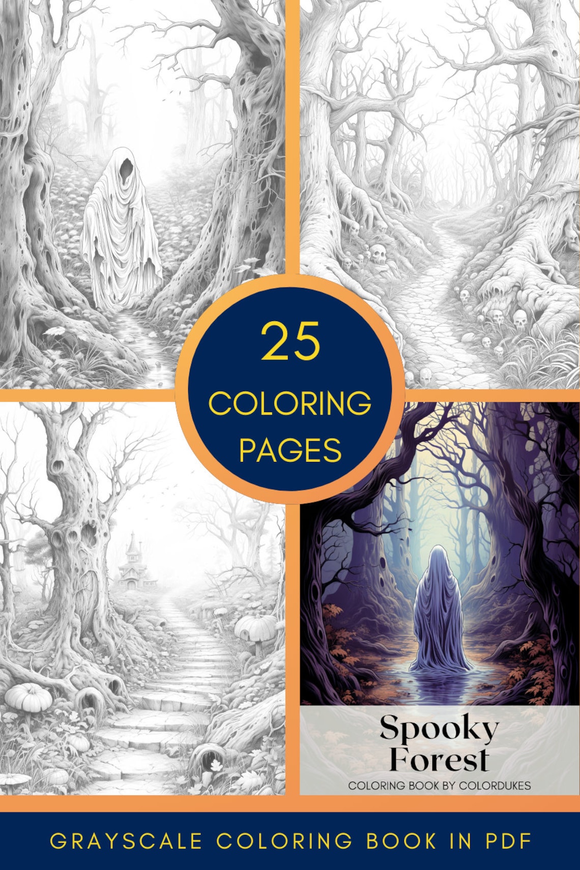 25 Spooky Forest Coloring Pages in Grayscale, Halloween Coloring Book ...