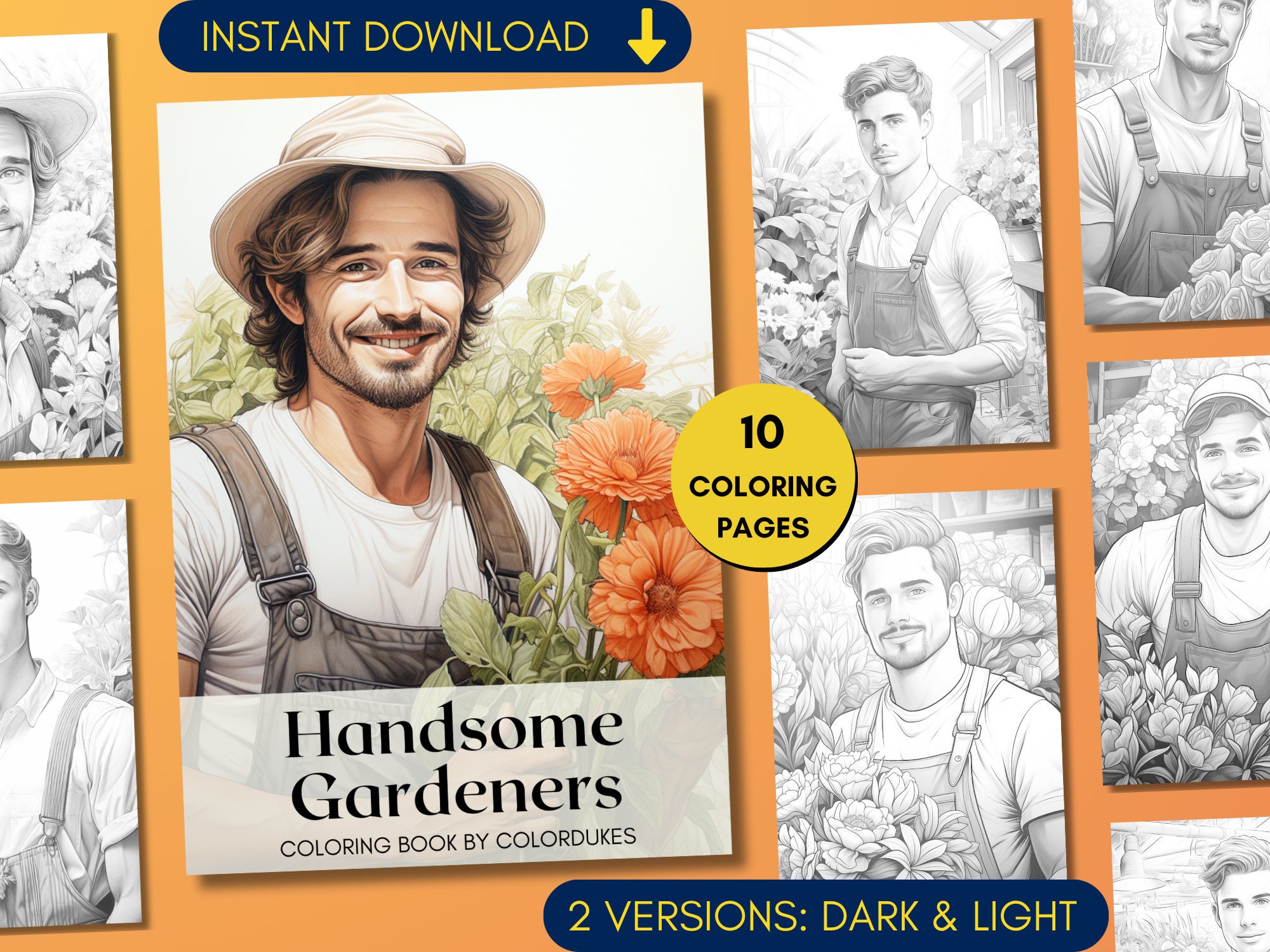Man Portraits Coloring Pages for Adults Handsome Gardeners - Etsy
