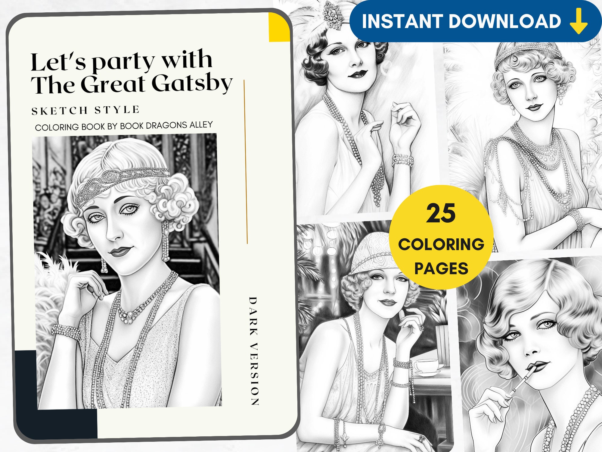 25 Coloring Pages, Party With the Great Gatsby Grayscale Adult Coloring ...