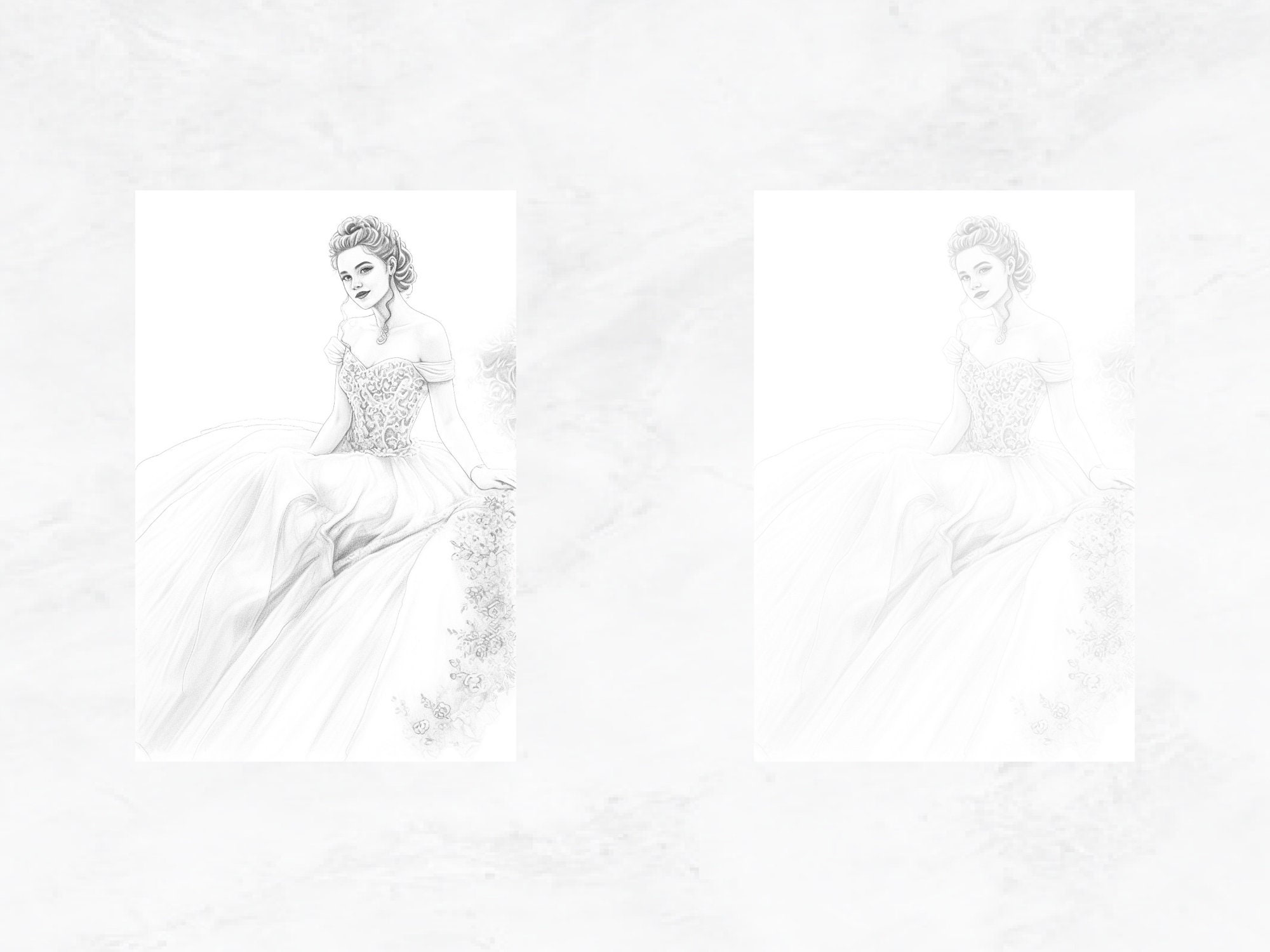 4 Coloring Pages, Wedding Dress Grayscale Adult Coloring Book Princess ...
