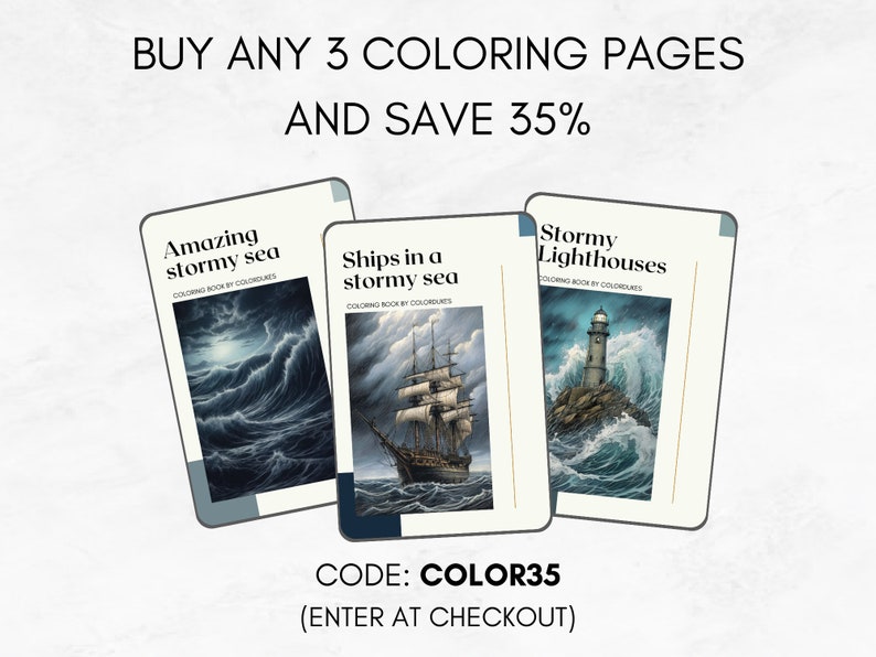 10 Coloring Pages, Stormy Sea Landscapes Grayscale Adult Coloring Book ...
