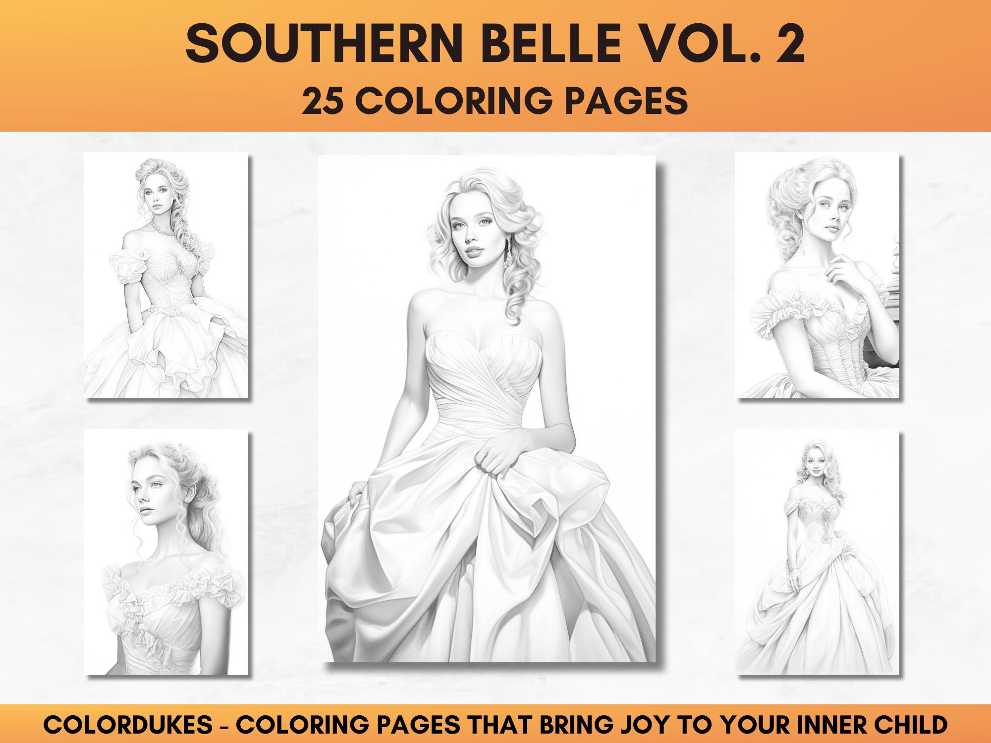 25 Adult Coloring Pages of Southern Belle, Princess Dress Coloring Book ...