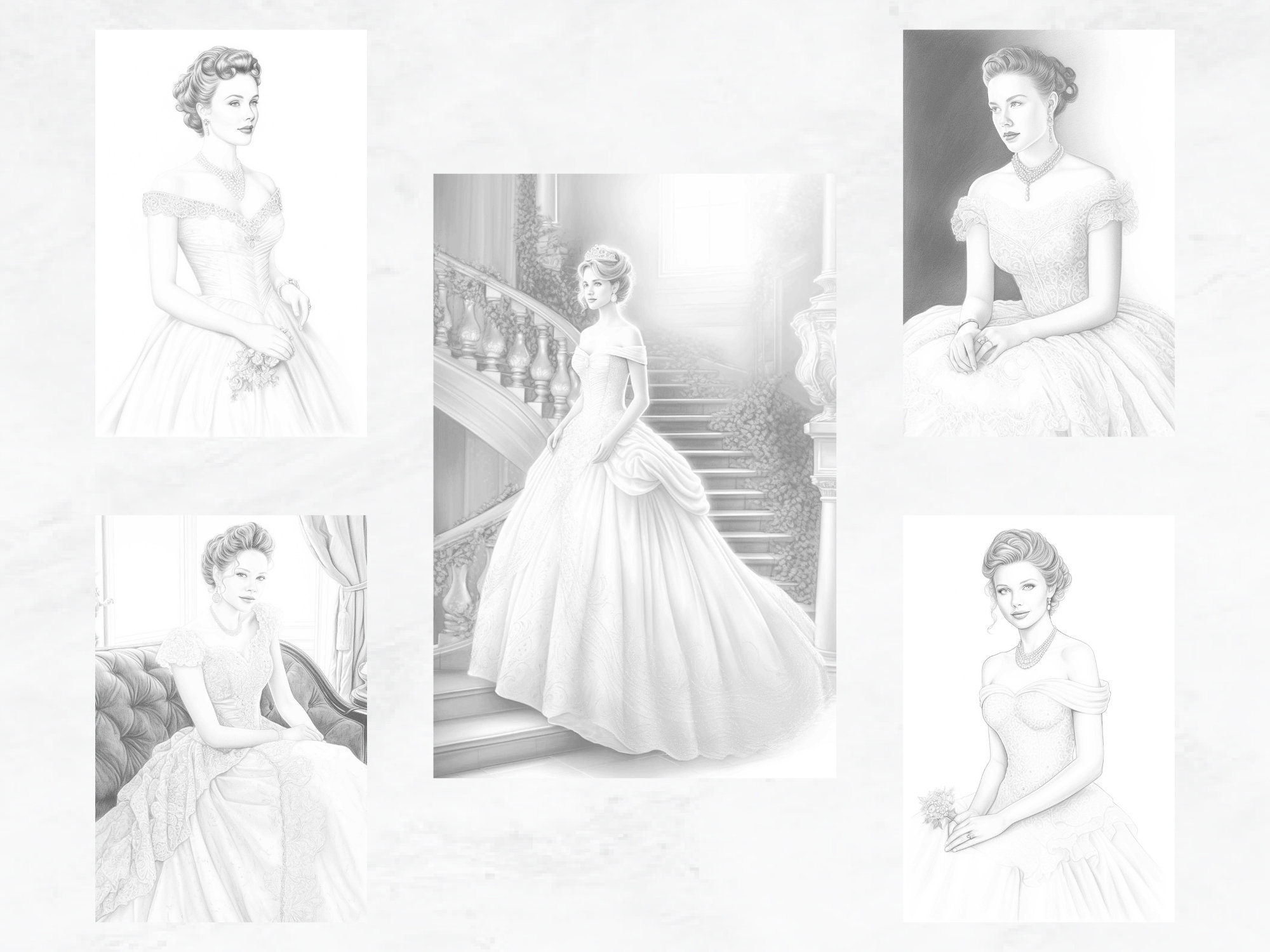 23 Southern Belle Coloring Pages, Princess Dresses Grayscale Adult ...