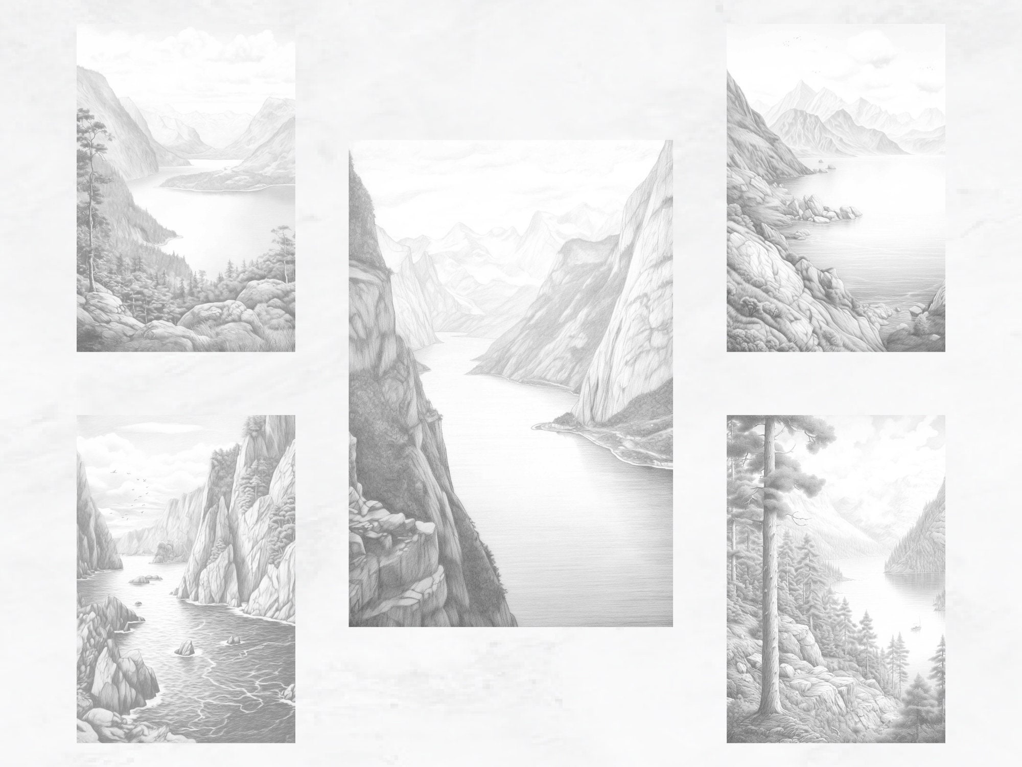 25 Coloring Pages, Fjords Grayscale Adult Coloring Book, Mountains ...
