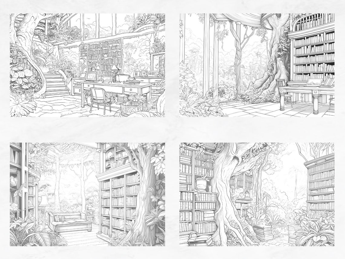 25 Coloring Pages, Jungle Libraries Grayscale Adult Coloring Book, Gift ...