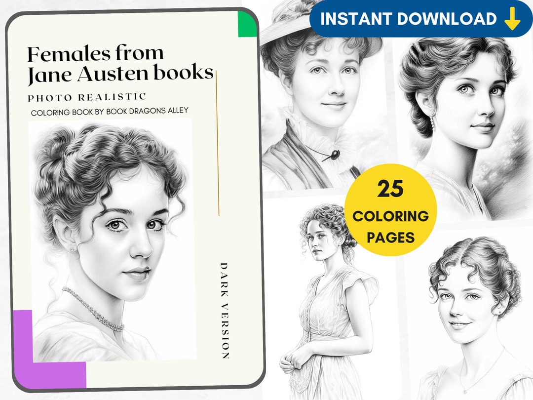 25 Coloring Pages, Females From Jane Austen Books Grayscale Adult ...