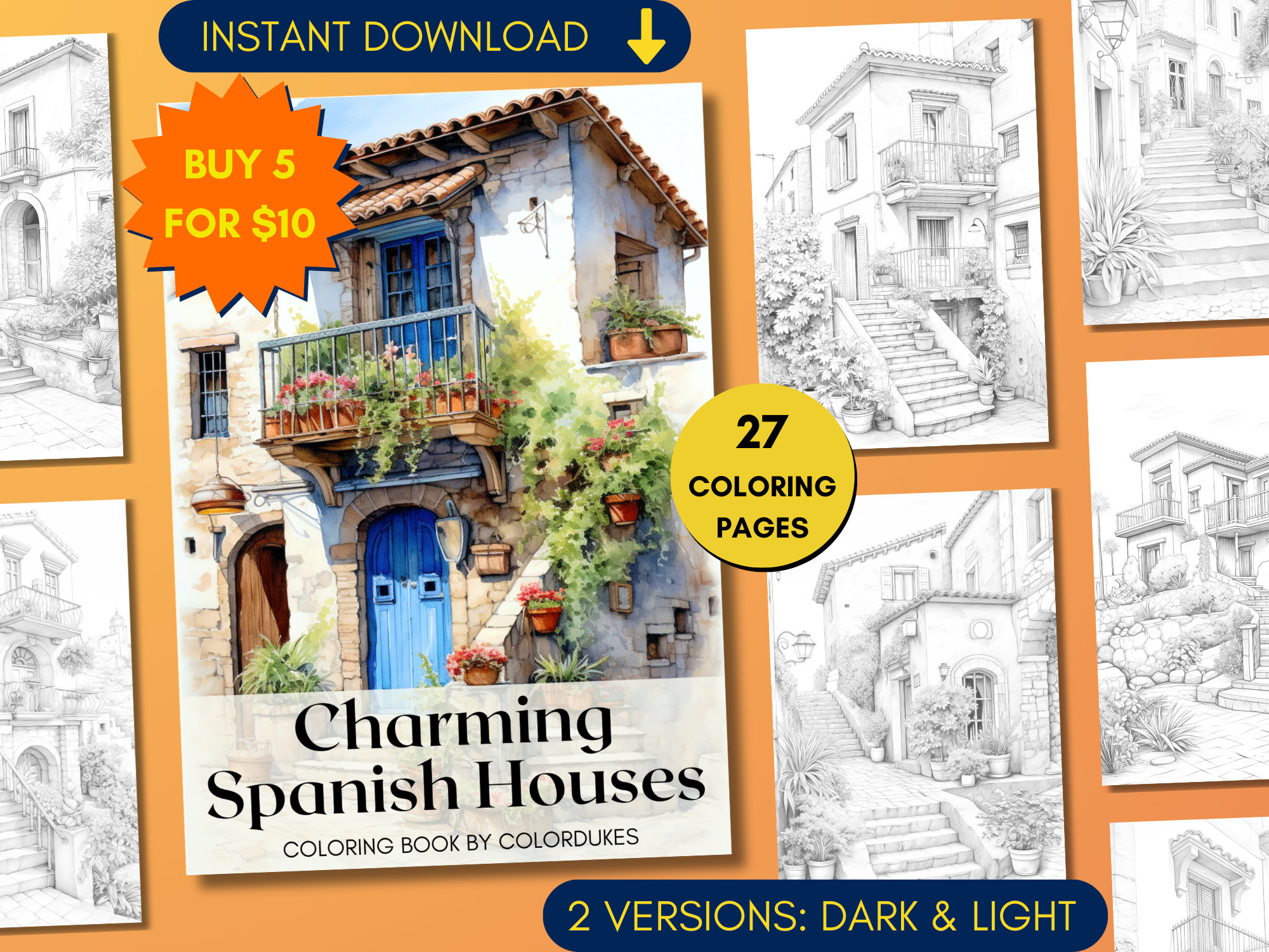 27 Spanish Houses Coloring Pages, Italian Village Grayscale Adult ...